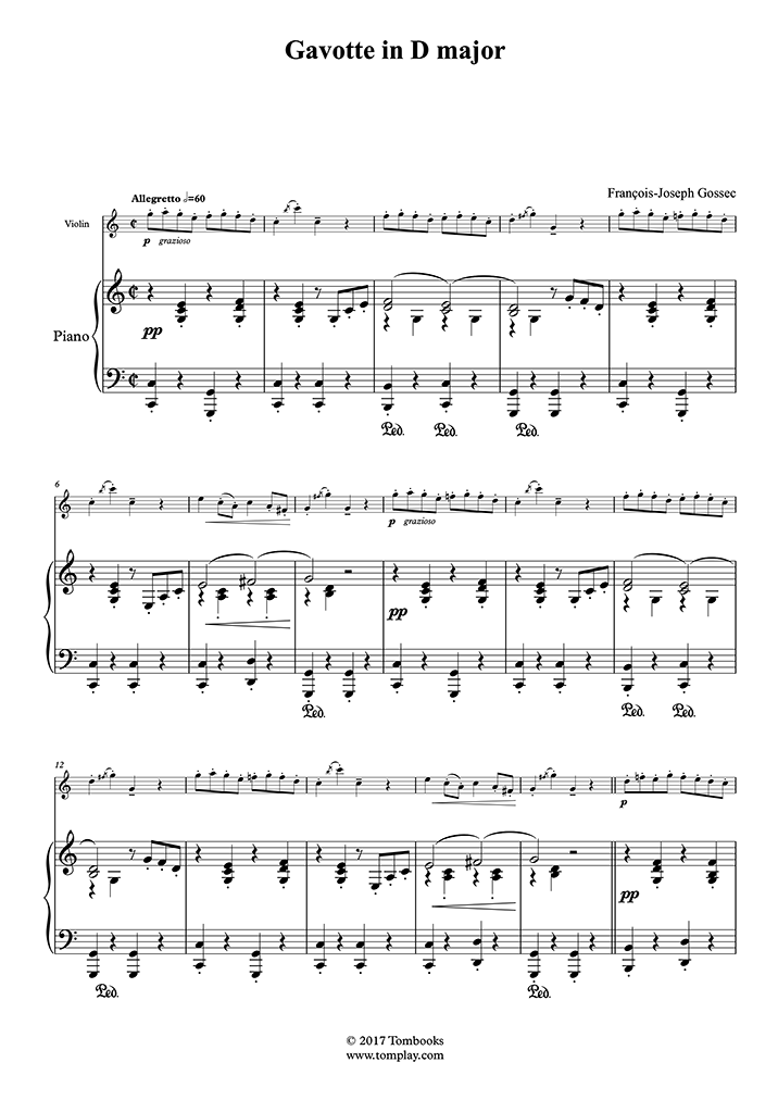 Piano Sheet Music Gavotte in D major (accompaniment part, transposed in ...