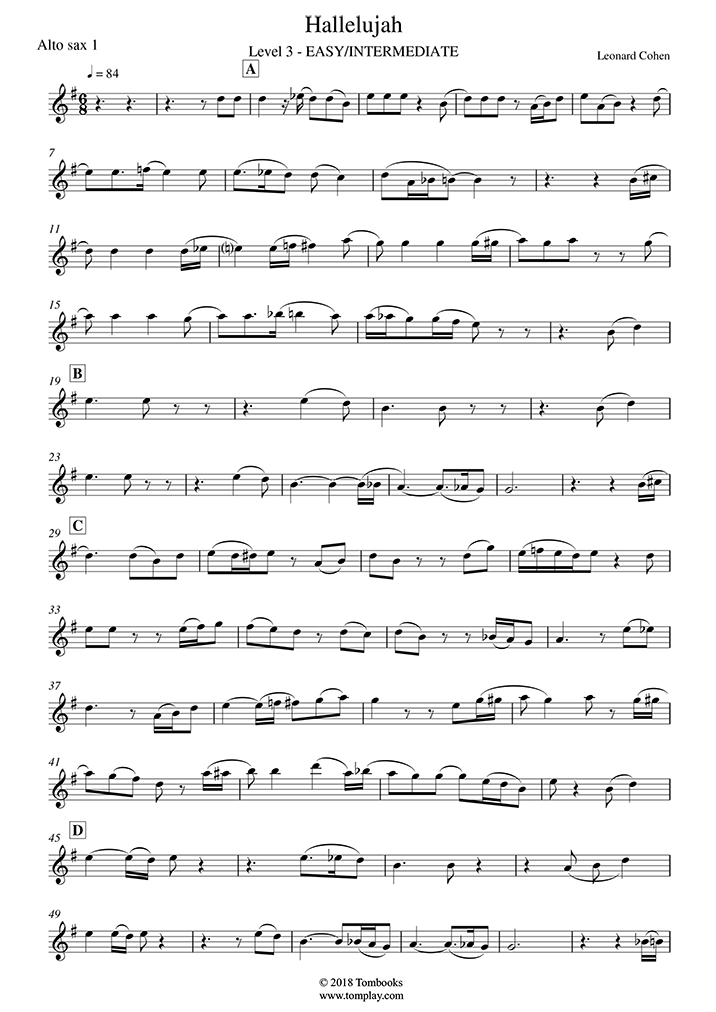 Partition Saxophone Hallelujah (niveau facile/intermédiaire, sax alto ...