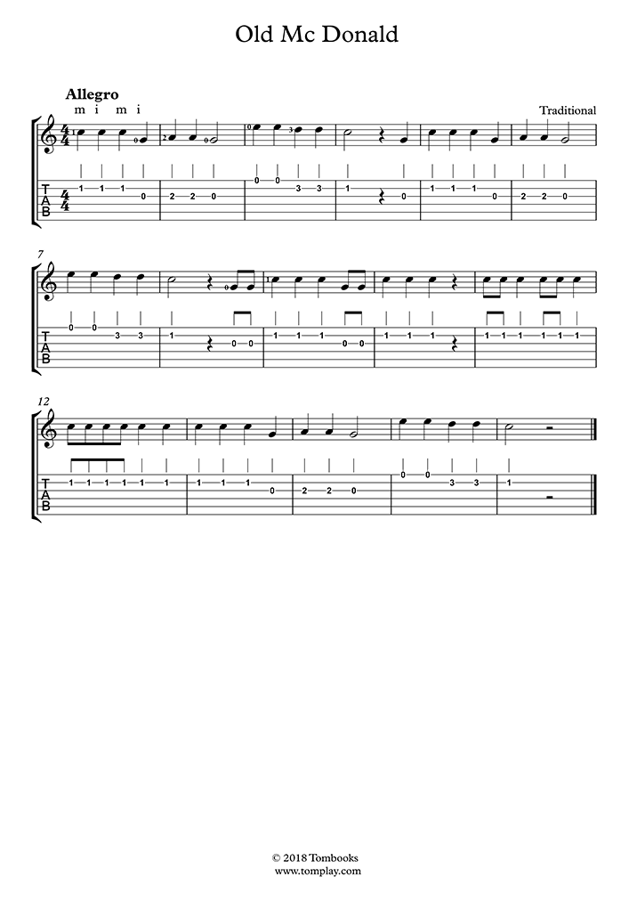 Guitar Sheet Music Old MacDonald Had a Farm (Traditional)