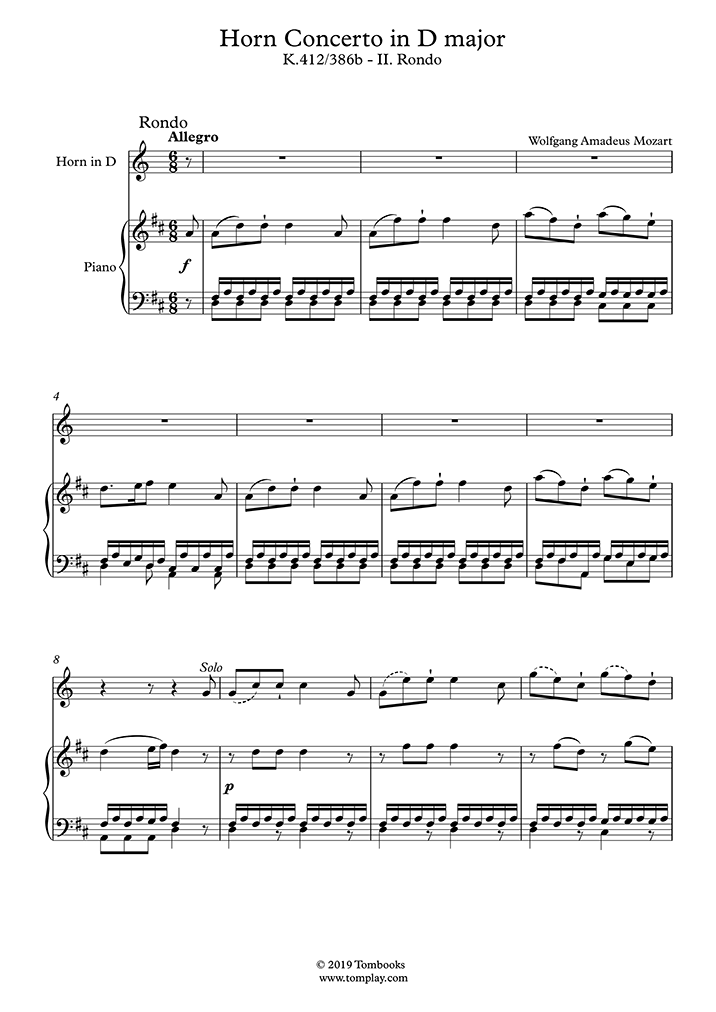 French horn Sheet Music Horn Concerto No. 1 in D major, K.412/386b - II ... French horn Sheet Music Horn Concerto No. 1 in D major, K.412/386b - II ...
