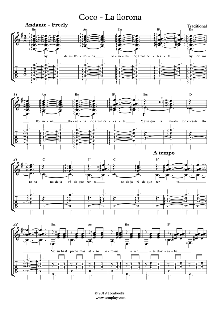 Partition Guitare Coco - La Llorona (niveau facile, guitare d ...