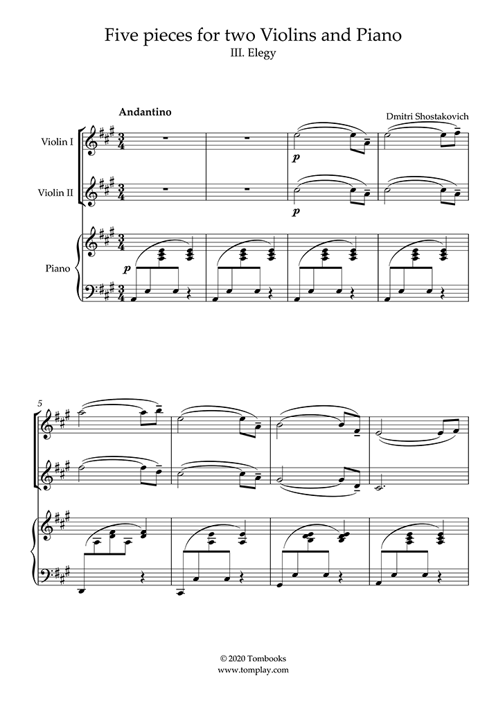 Violin Sheet Music Five pieces for two Violins and Piano - III. Elegy ...
