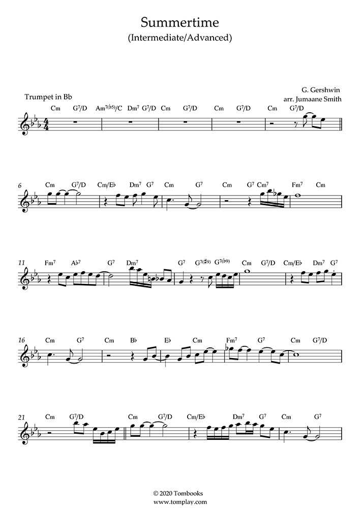 Trumpet Sheet Music Summertime (Intermediate/Advanced Level) (Gershwin)